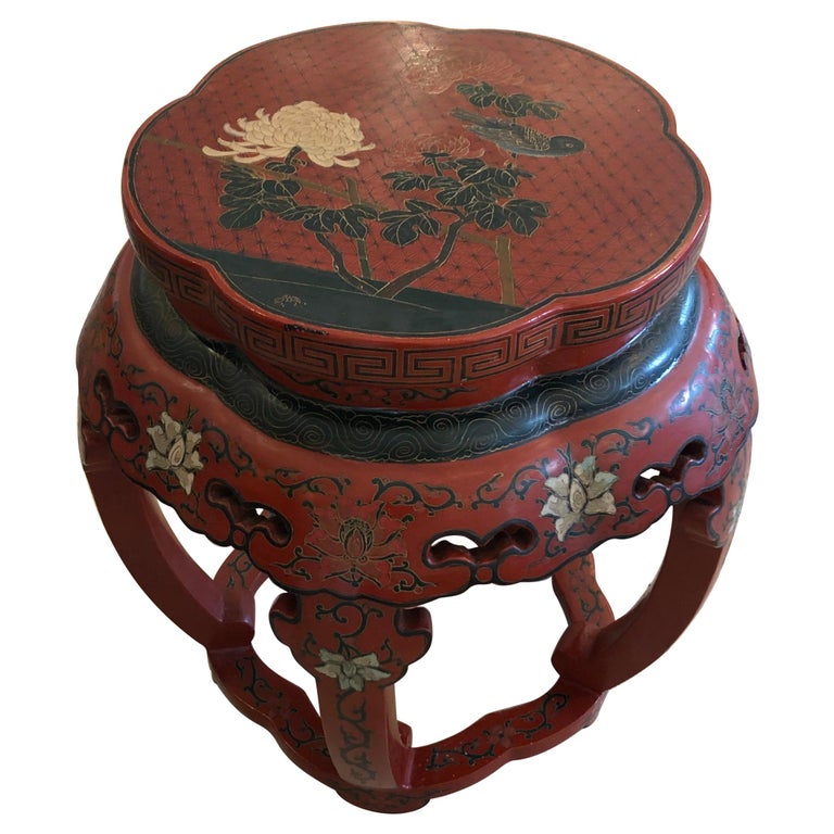 Lucky Red Painted Round Chinese Side Table with Bird and Greek Key ...