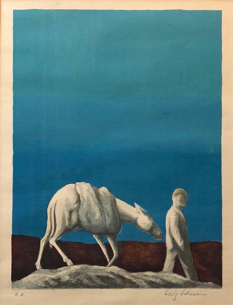 Ludwig Schwerin - Surrealist German Israeli Lithograph Man and Horse in ...