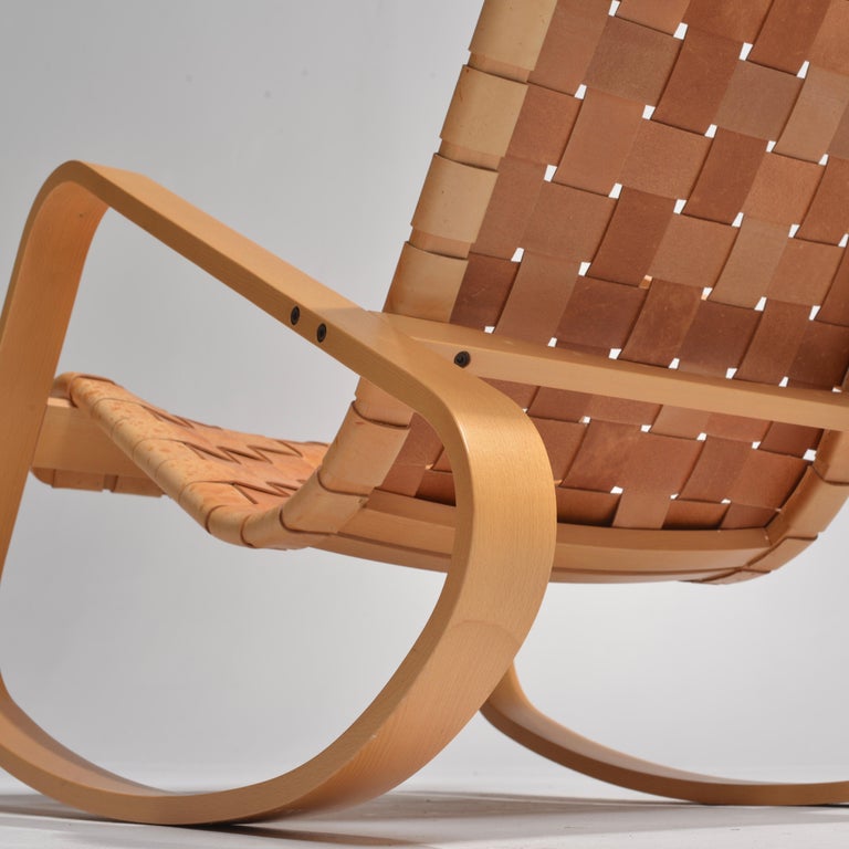 Luigi Crassevig ‘Dondolo’ Bentwood and Woven Leather Rocking Chair for ...