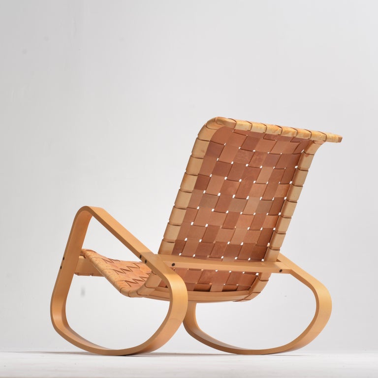 Luigi Crassevig ‘Dondolo’ Bentwood and Woven Leather Rocking Chair for ...