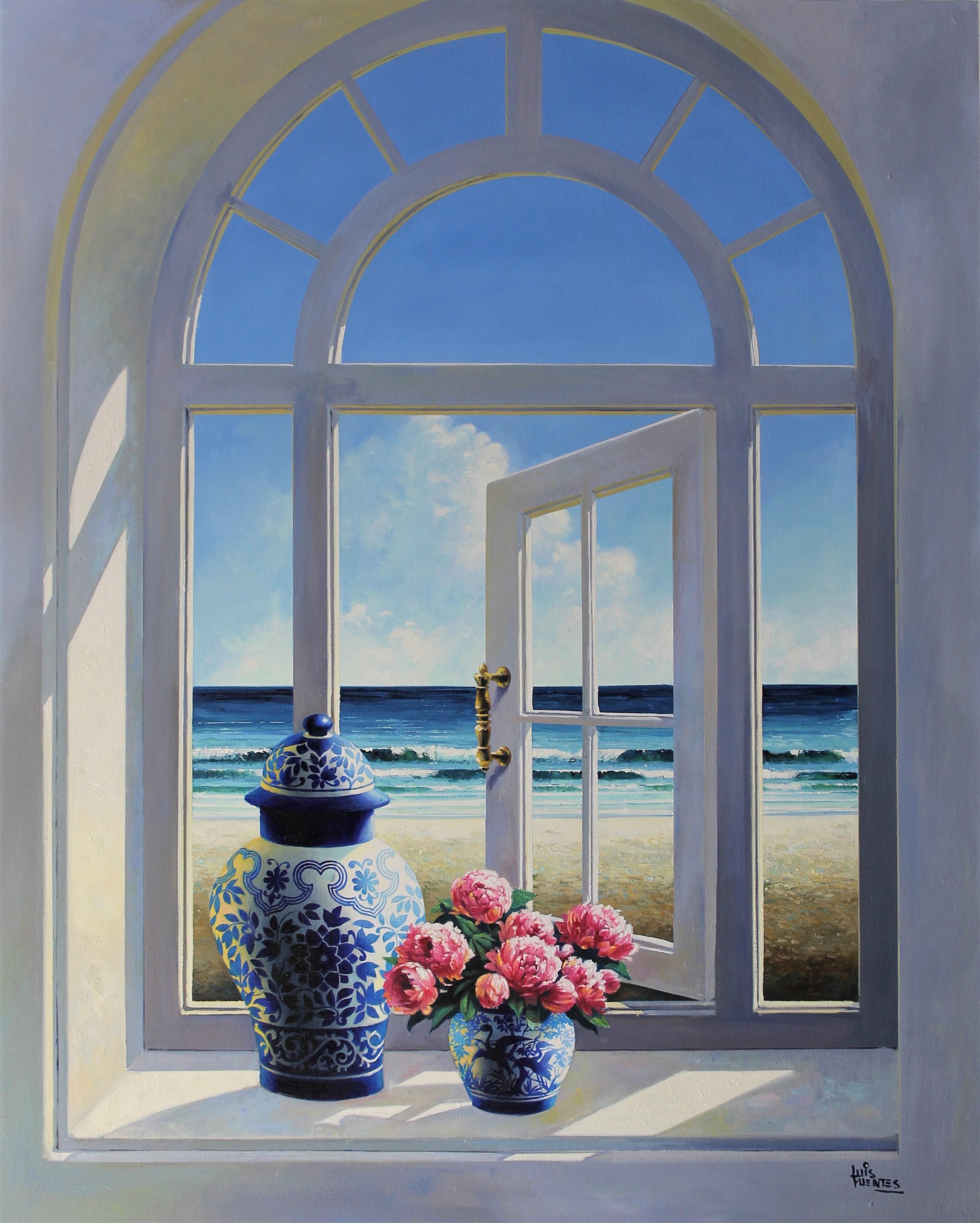 Luis Fuentes - Open Window with Chinese Vase original Sea Landscape ...
