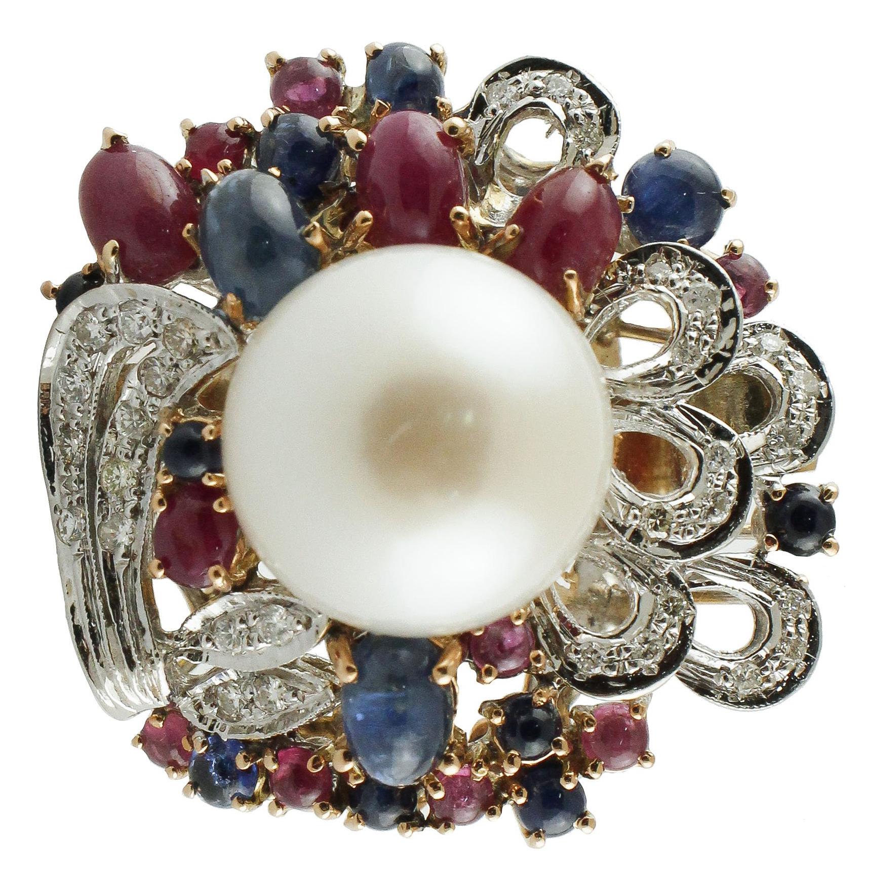 Ruby Sapphire Topaz Pearl Diamond Silver Gold Cluster Ring For Sale at ...