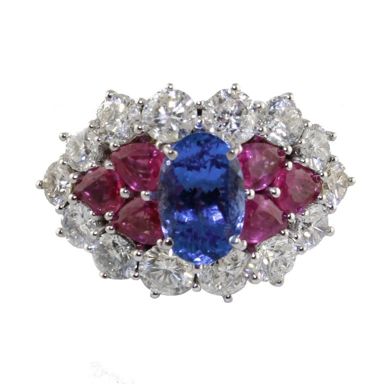 1,84 ct Ruby, ct 2,35 Tanzanite, ct 4,19 Diamond White Gold Ring For ...