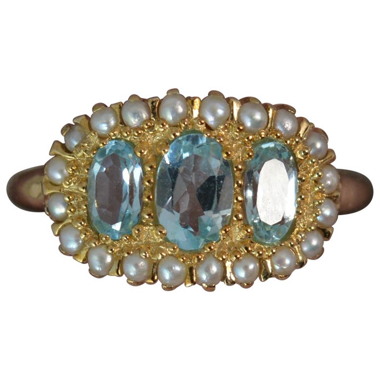 Luke Stockley 9 Carat Gold Aquamarine and Seed Pearl Cluster Ring at ...