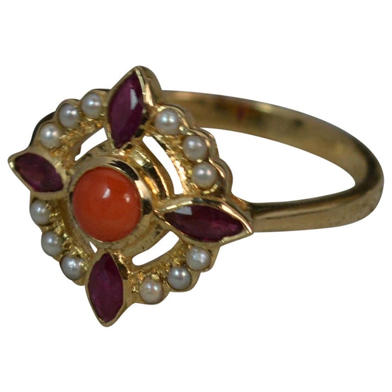 Luke Stockley 9 Carat Gold Coral Pearl Ruby Flower Cluster Ring For ...