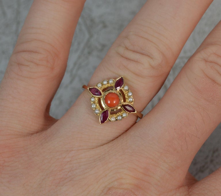Luke Stockley 9 Carat Gold Coral Pearl Ruby Flower Cluster Ring For ...
