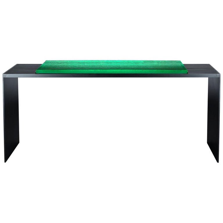 LUMA Design Workshop Runway Console Table in Green Cast Glass and Black ...