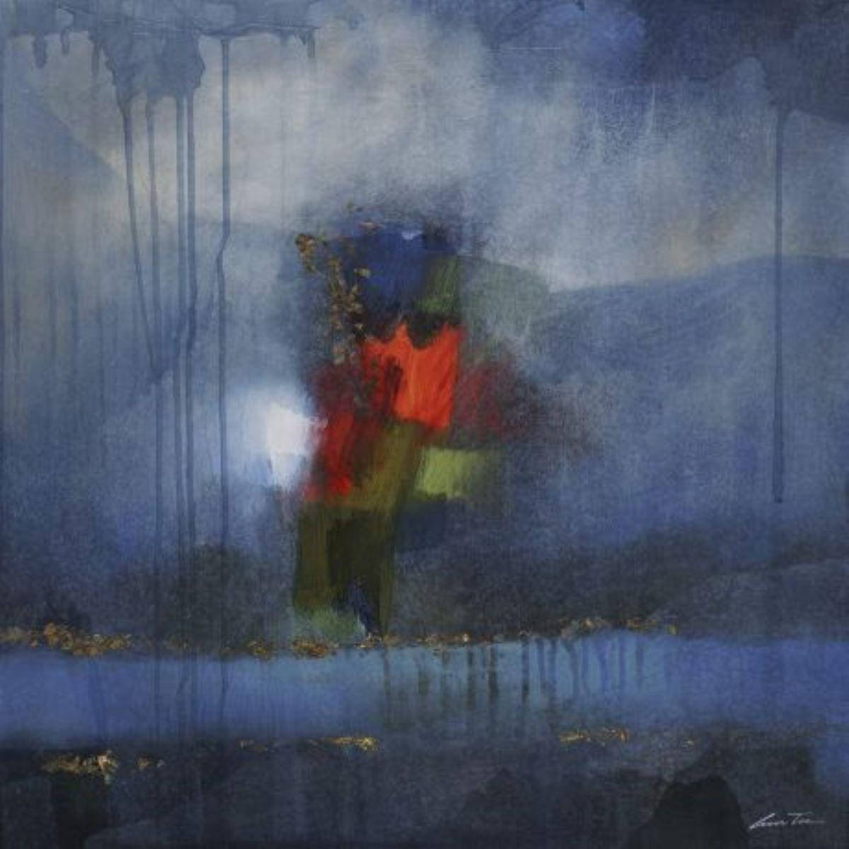 Lun Tse - Unveiling II -Abstract rich dark blue veil with touch of red ...