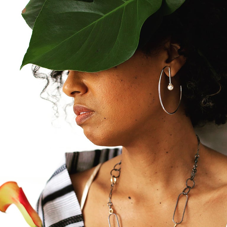 Lunar Loop Sterling Silver Pearl Hoop Earrings by TIN HAUS For Sale at ...