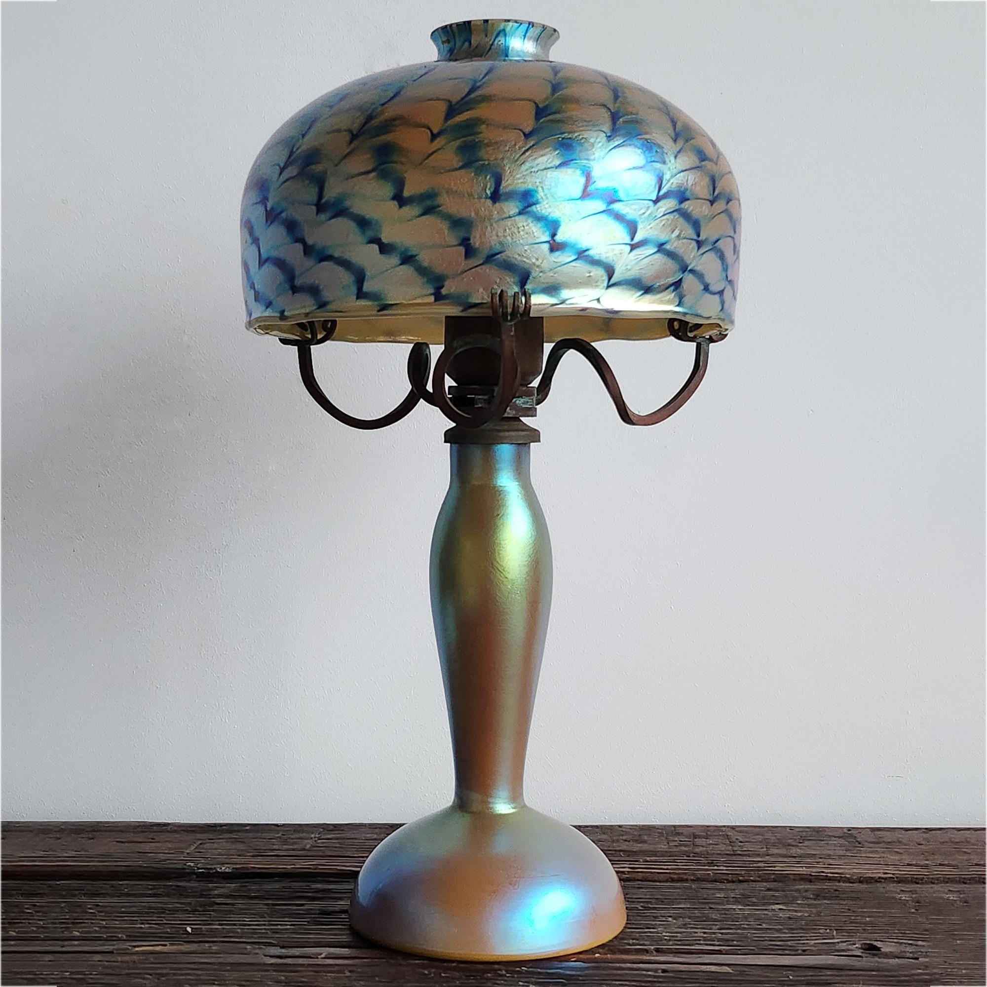 Lundberg Table Lamp, Opalescent Art Glass with Pulled Feather Glass ...