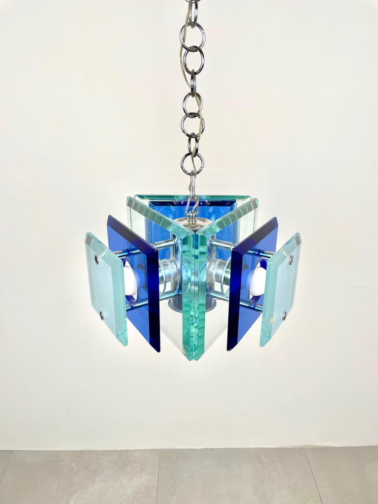 Lupi Cristal Luxor Blue Glass and Chrome Chandelier, Italy, 1970s For ...