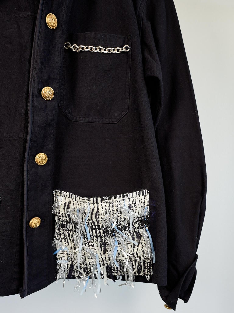 Lurex Silver Fringe Tweed Jacket French Black Work Wear Chain For Sale ...