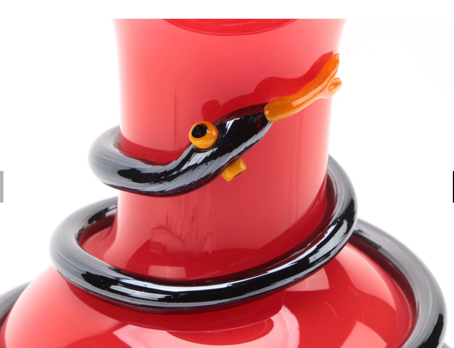 Art Glass Large Red Vase Snake Wrapped, Vintage, Signed and Dated at ...