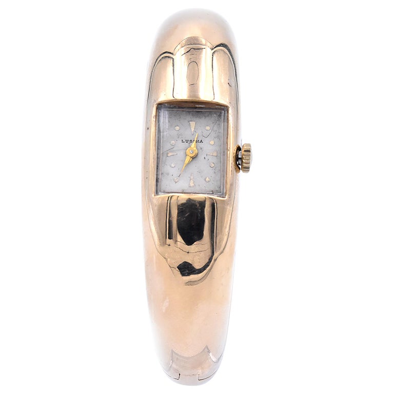 Lusina 14 Karat Yellow Gold Vintage Cuff Bracelet Ladies Watch For Sale ...