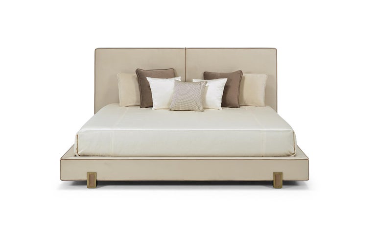 LUSO bed with upholstered headboard and base and Antique Brass color ...