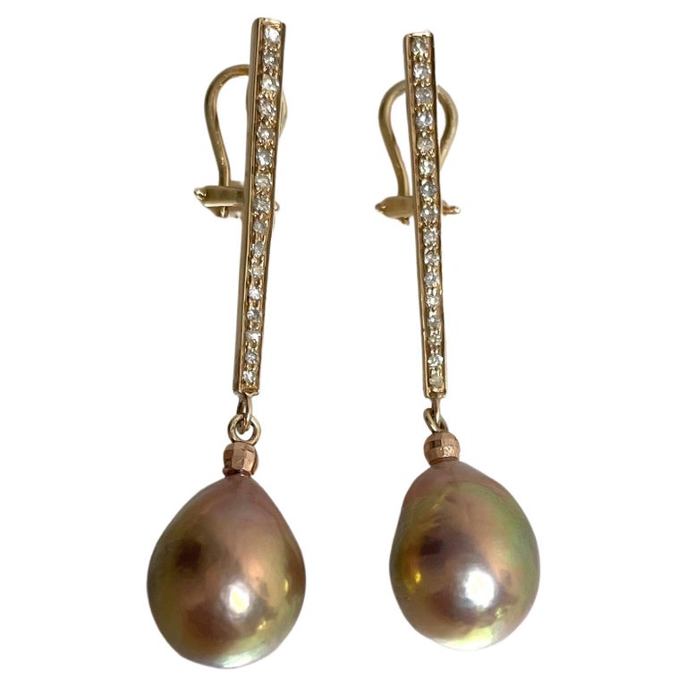 Lustrous Rare Tea Rose Freshwater Pearl and Diamond Earrings For Sale ...