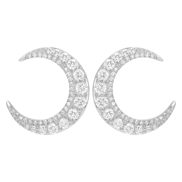 Luxle 0.88cttw. Round Diamond Crescent Moon Stud Earrings in 14k White ...