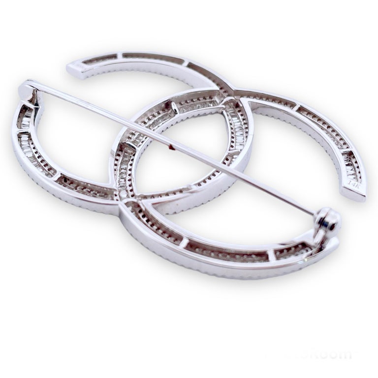 Luxurious 14k White Gold Double CC Diamond Brooch For Sale at 1stDibs