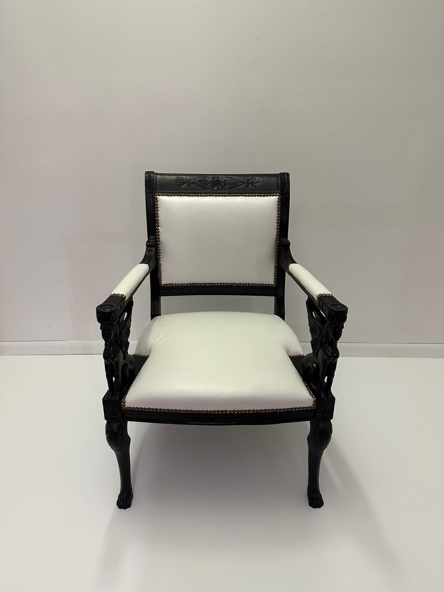 Luxurious Black Ebonized Carved Wood Empire Style Armchair at 1stDibs
