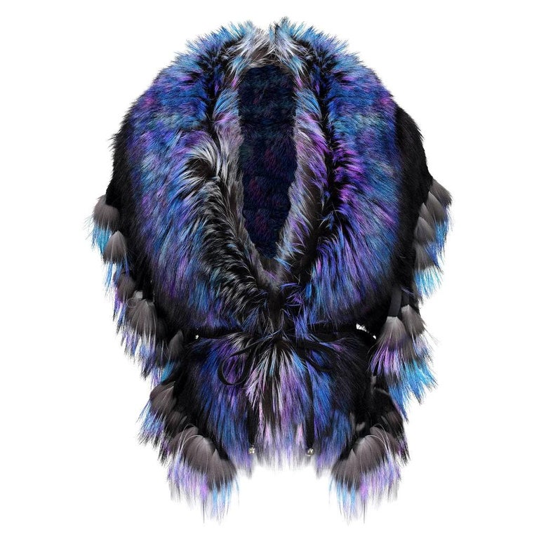 Luxurious Oversized Blue Rainbow Fox Fringe Fur Statement Stole Wrap ...