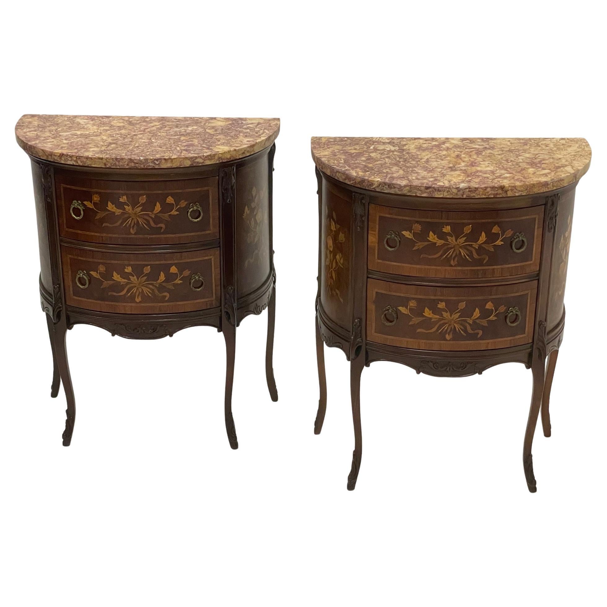 Pair of French Style Night Stands or Commode with Marble Top and Inlay ...