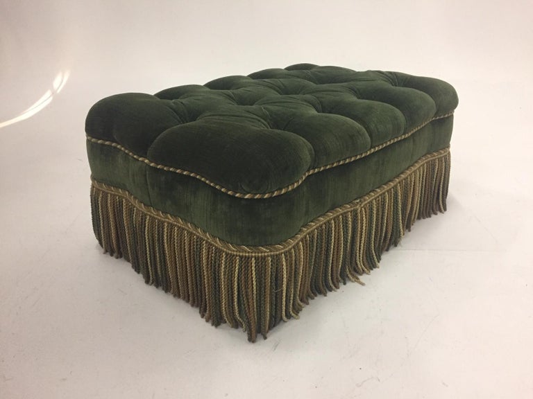 Luxurious Rectangular Green Tufted Mohair Ottoman with Fringe at ...