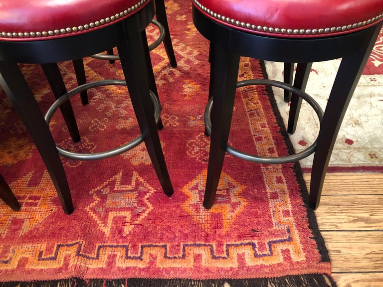 Luxurious Set of 4 Custom Ebonised Wood and Red Leather Bar Stools For ...