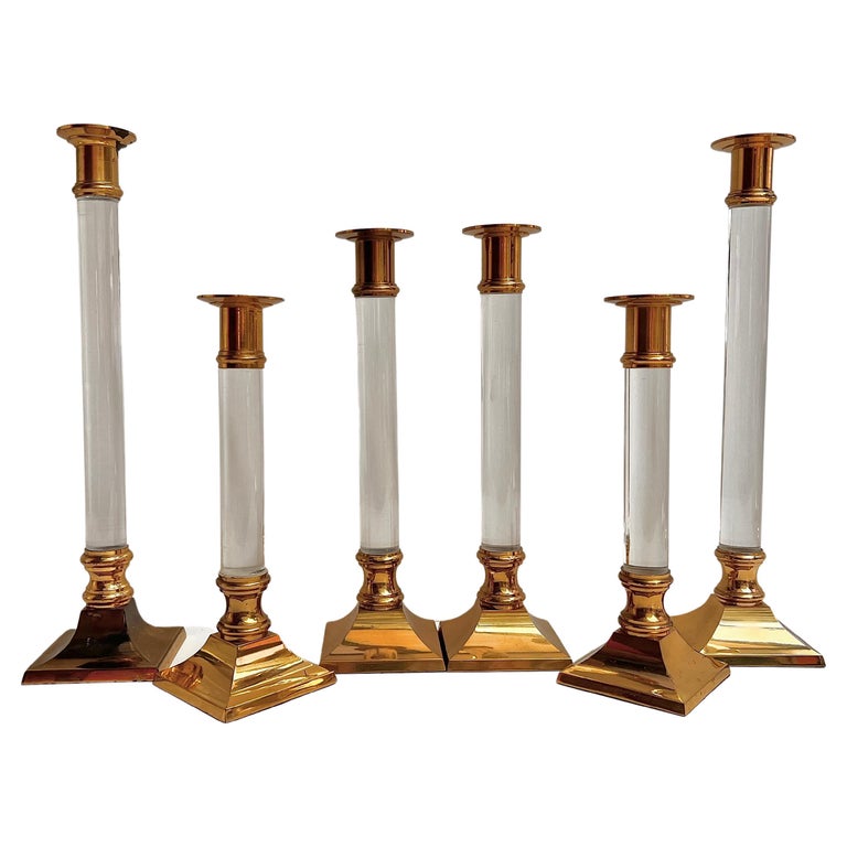 Luxurious Vintage Gilt Brass and Plexiglass Candlesticks, France, 1970s Set 6 For Sale at 1stDibs