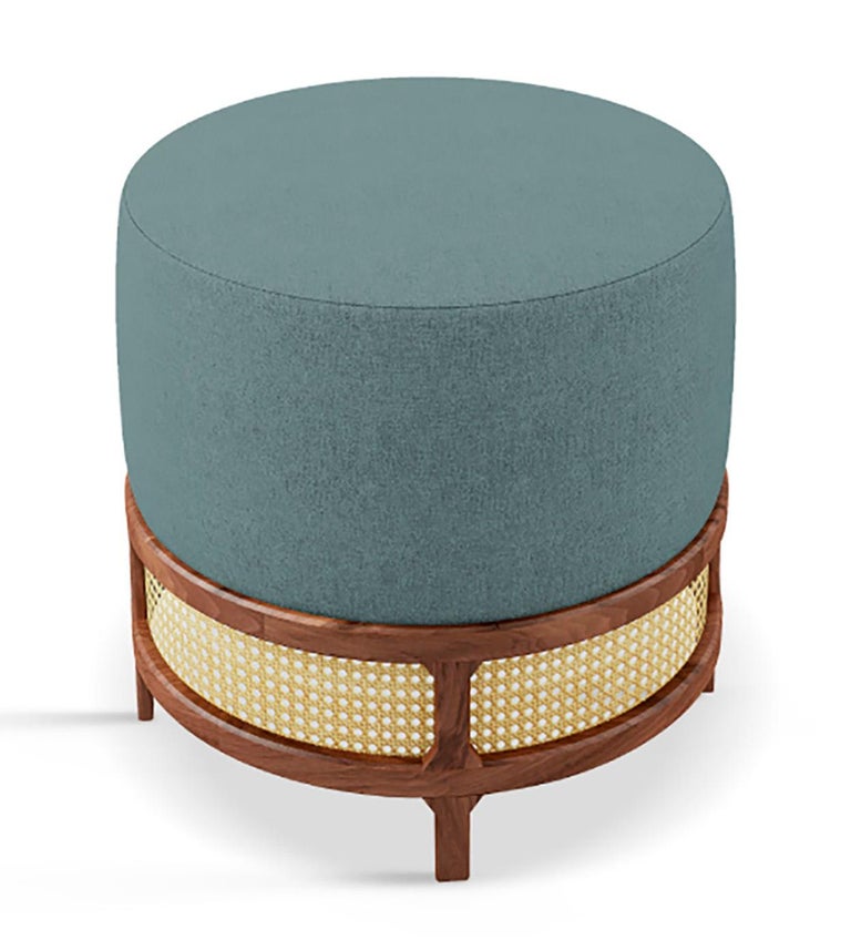 Luxury "New Orleans" Rattan and Walnut, Linen Upholstered Ottoman, Pouf ...