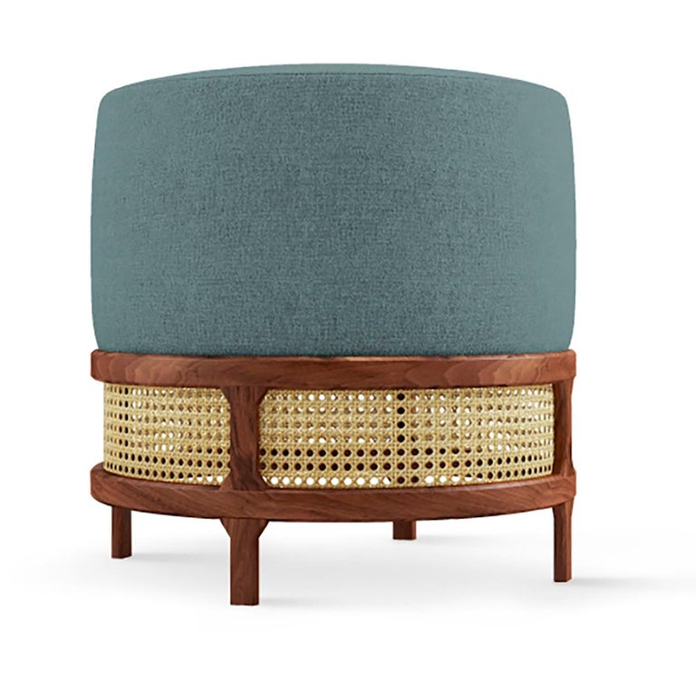 Luxury "New Orleans" Rattan and Walnut, Linen Upholstered Ottoman, Pouf ...