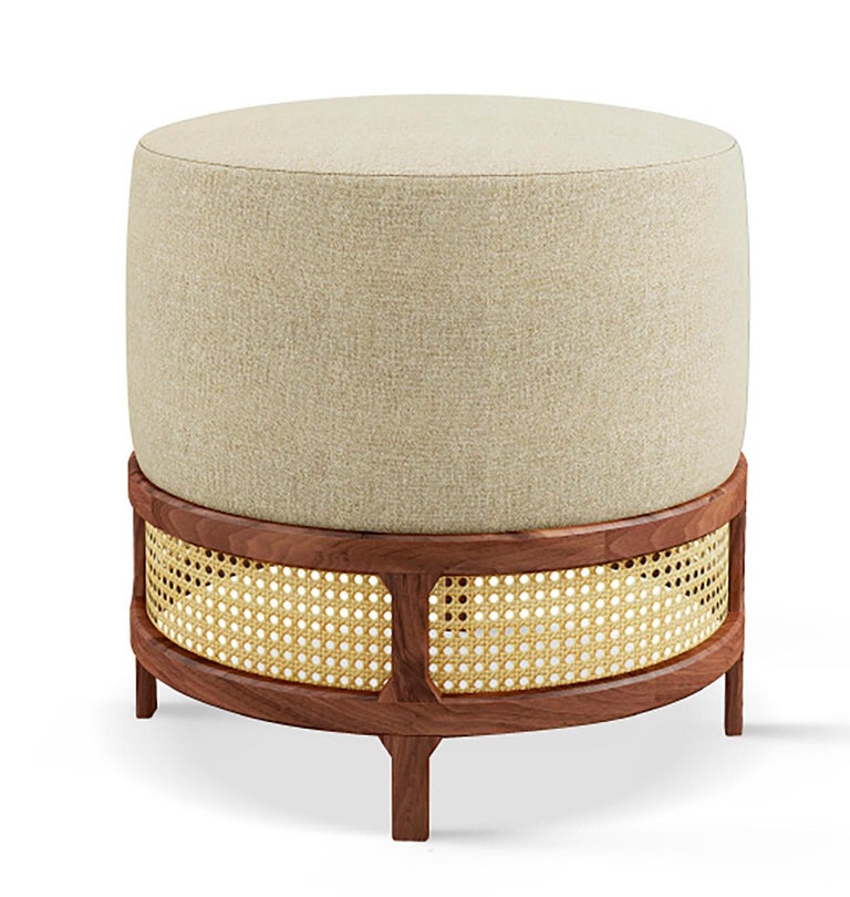 Luxury "New Orleans" Rattan and Walnut, Linen Upholstered Ottoman, Pouf ...