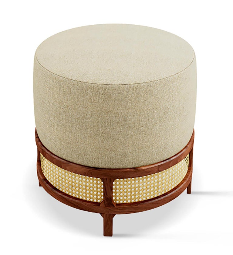 Luxury "New Orleans" Rattan and Walnut, Linen Upholstered Ottoman, Pouf ...
