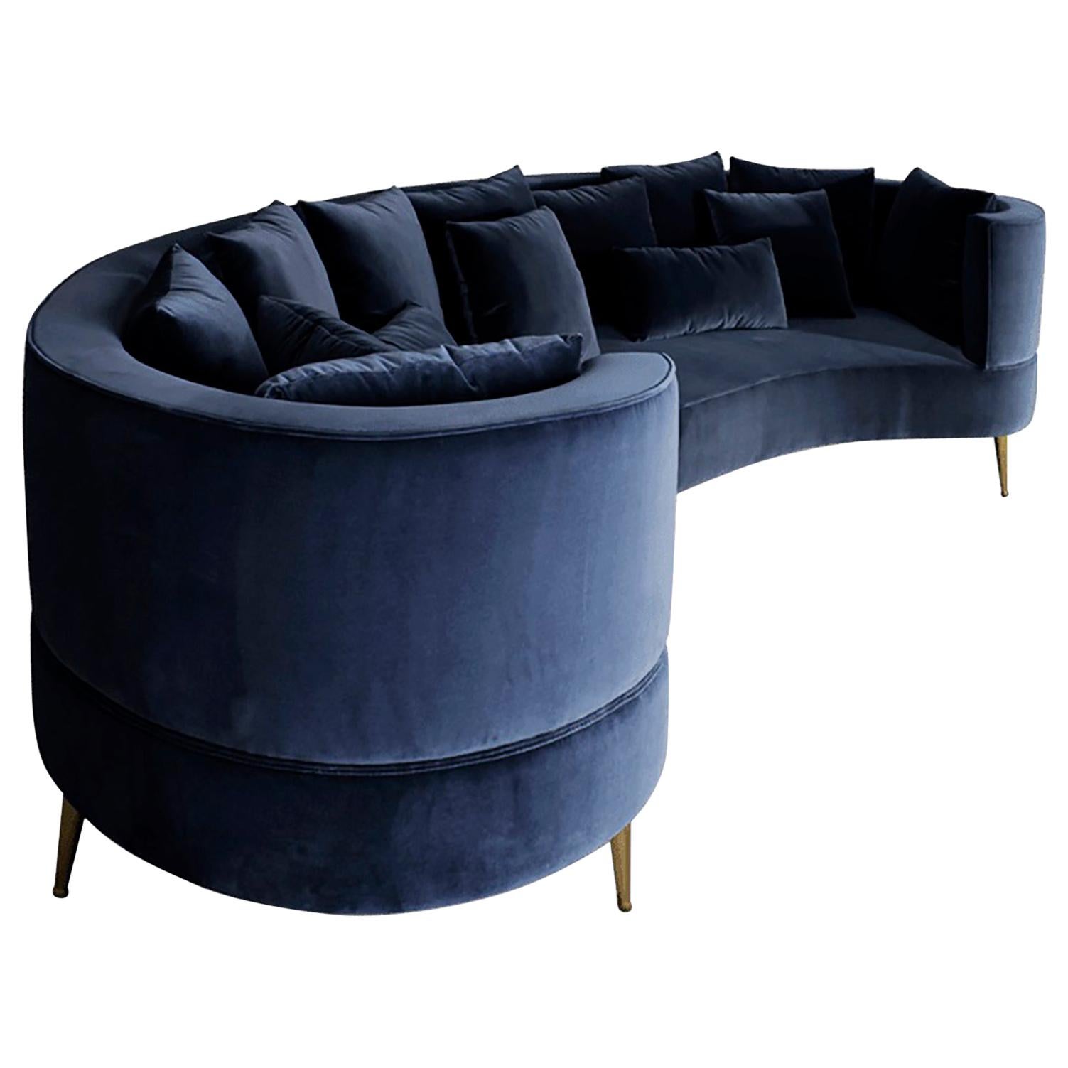 Lovely Small Curved Sofa in Luxury Blue Velvet at 1stdibs