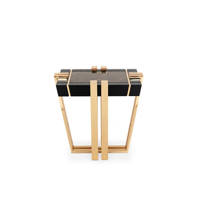 Apotheosis Square Side Table in Emperador Marble with Brass and Wood ...