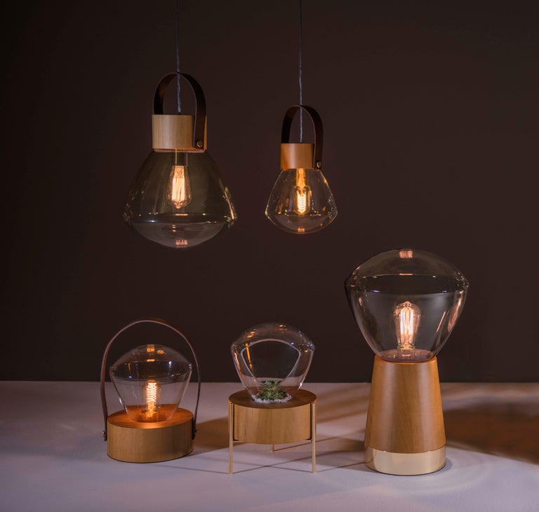 Luzeiro Medium Size Pendant, Crystal Glass Dome, Leather Strap and Wood ...