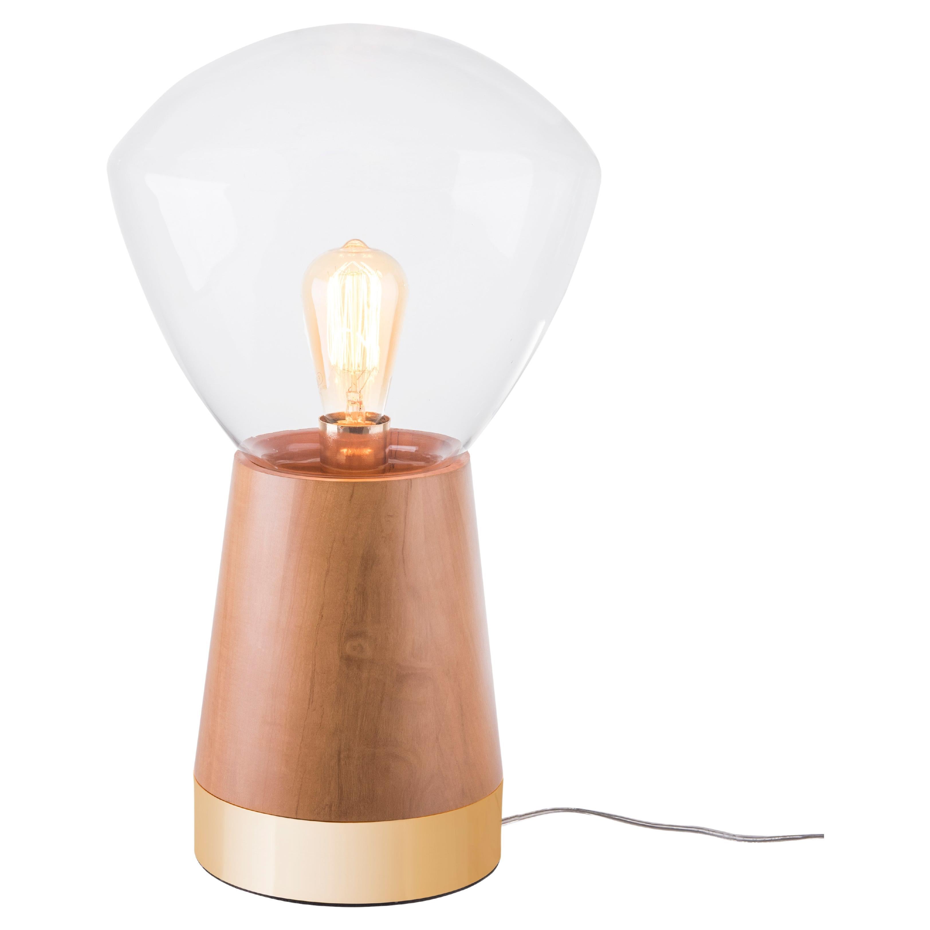 Luzeiro Table Lamp in Natural Tauari Wood, Crystal Glass Dome and ...