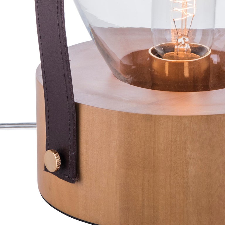 Luzeiro Table Lamp in Natural Tauari Wood, Crystal Glass Dome and ...