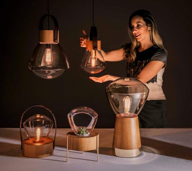 Luzeiro Table Lamp in Natural Tauari Wood, Crystal Glass Dome and ...