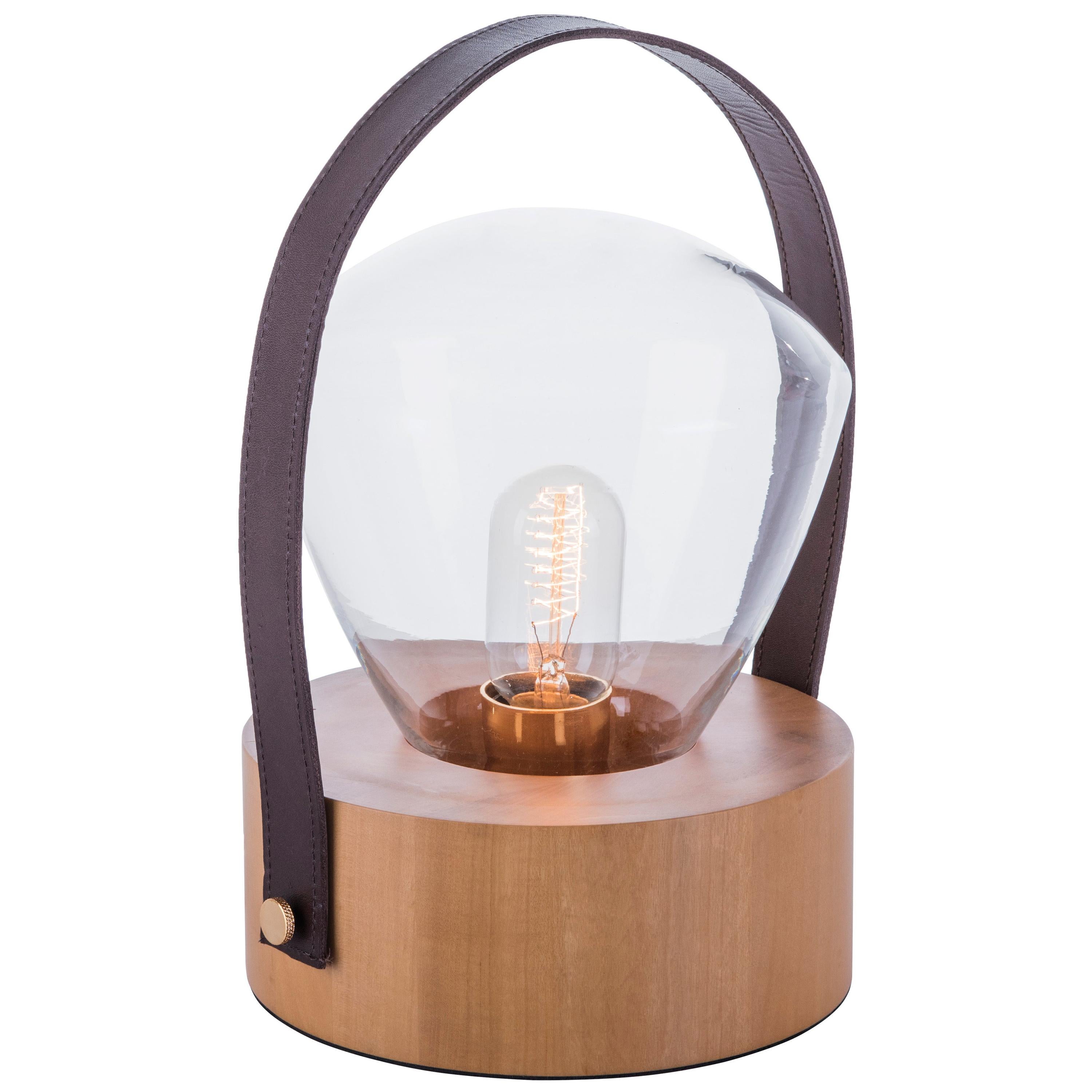 Luzeiro Table Lamp in Natural Tauari Wood, Crystal Glass Dome and ...