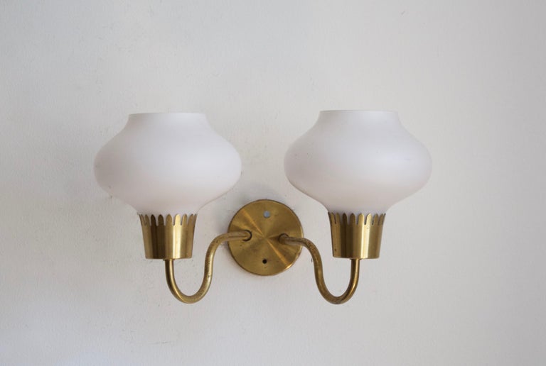 Lyfa, Pair of Two-Armed Wall Lights / Sconces, Brass, Milk Glass, Denmark, 1950s at 1stDibs