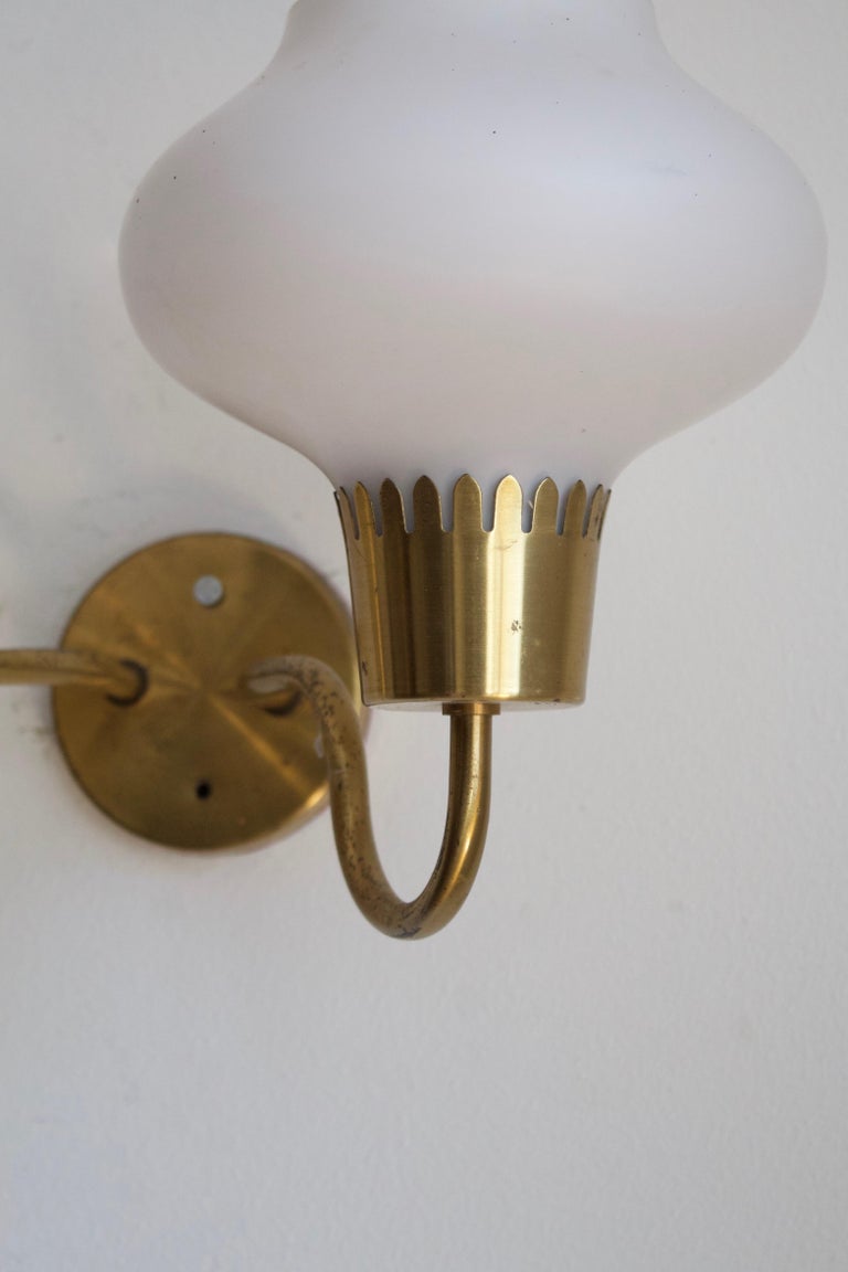 Lyfa, Pair of Two-Armed Wall Lights / Sconces, Brass, Milk Glass, Denmark, 1950s at 1stDibs