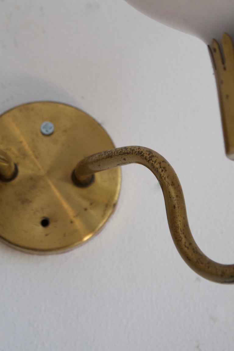 Lyfa, Pair of Two-Armed Wall Lights / Sconces, Brass, Milk Glass, Denmark, 1950s at 1stDibs