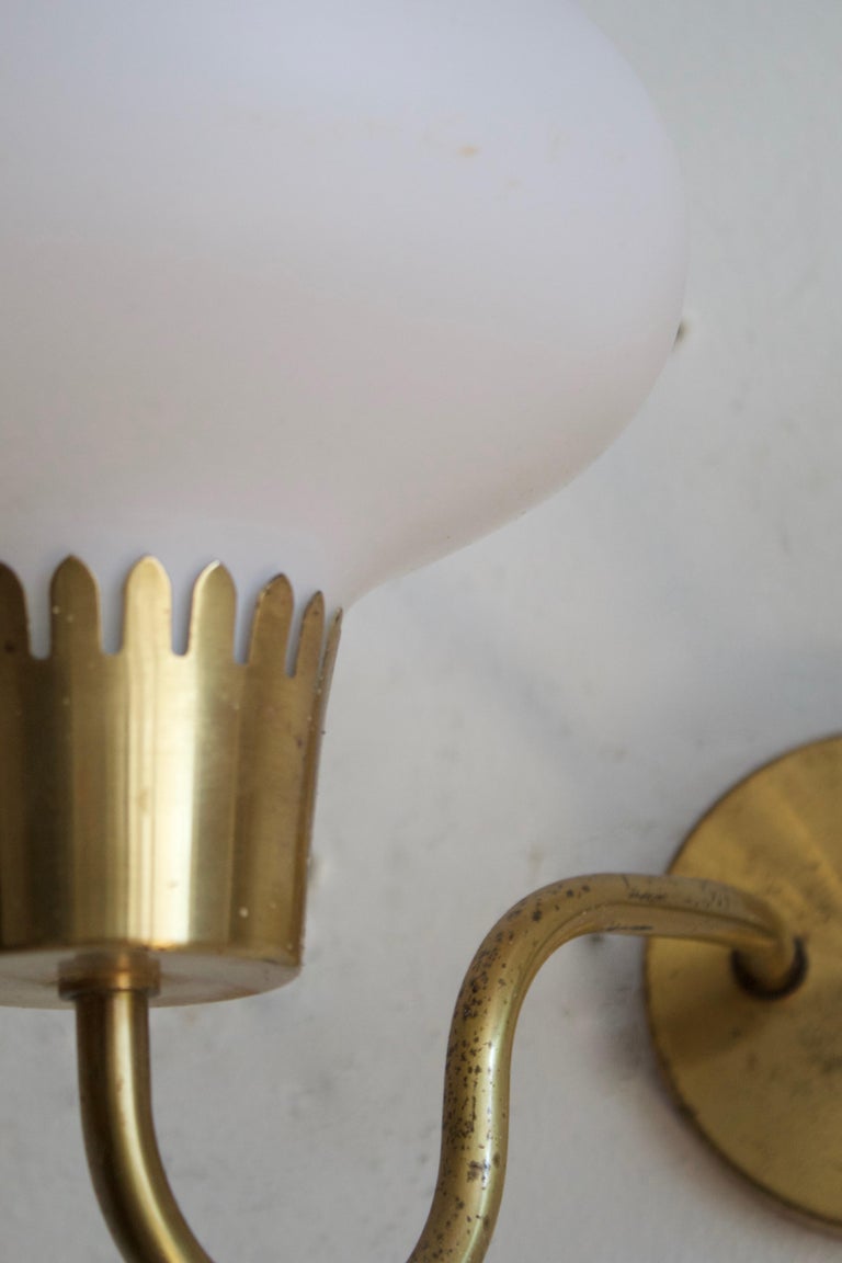 Lyfa, Pair of Two-Armed Wall Lights / Sconces, Brass, Milk Glass, Denmark, 1950s at 1stDibs