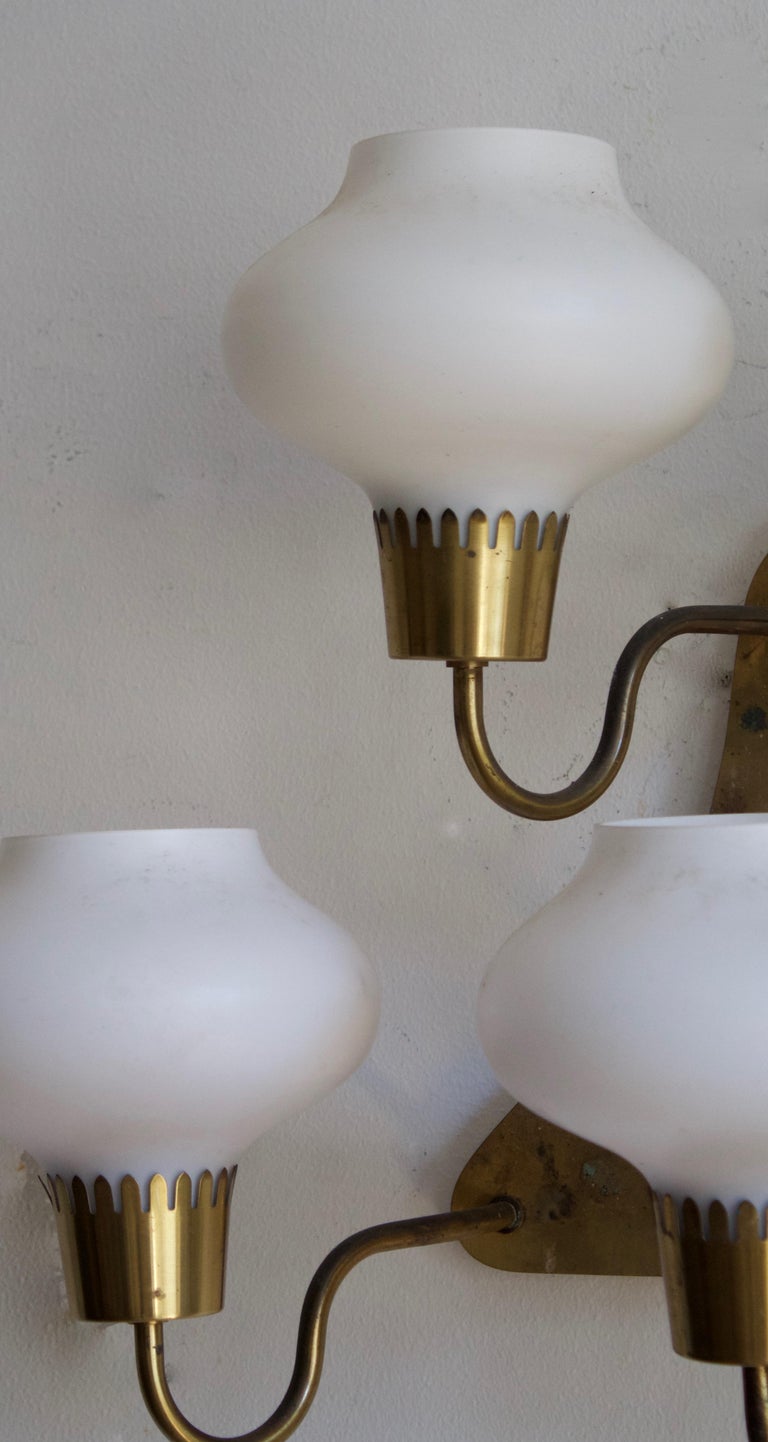 Lyfa, Sizable Five-Armed Wall Light, Brass, Milk Glass, Denmark, 1950s For Sale at 1stDibs