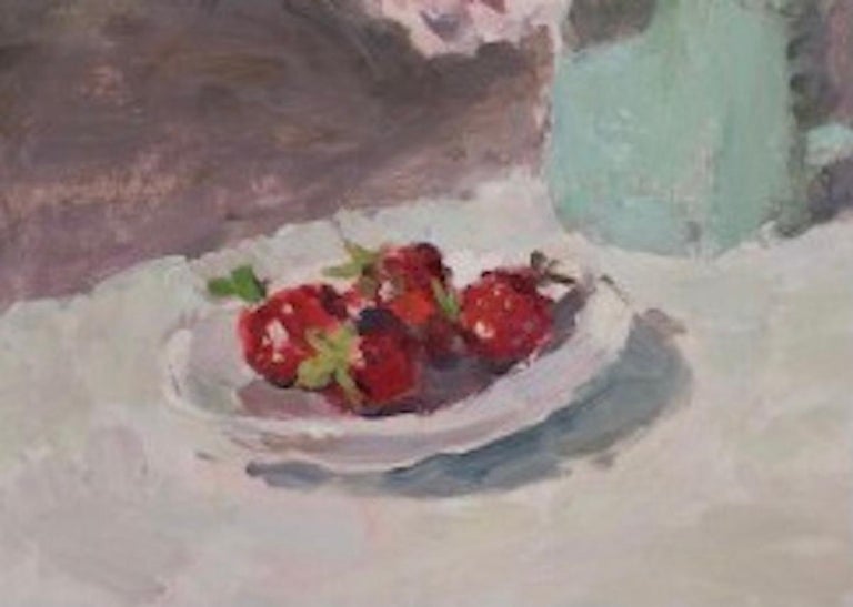 Lynne Cartlidge - Roses in Blue Jug with Strawberries by Lynne ...