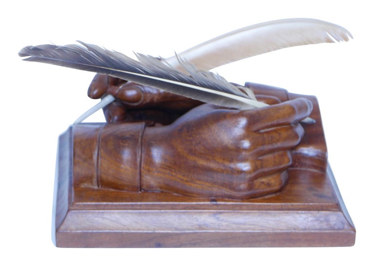 M. C. Escher Style Hand Carved Mahogany Hands Sculpture with Feather ...
