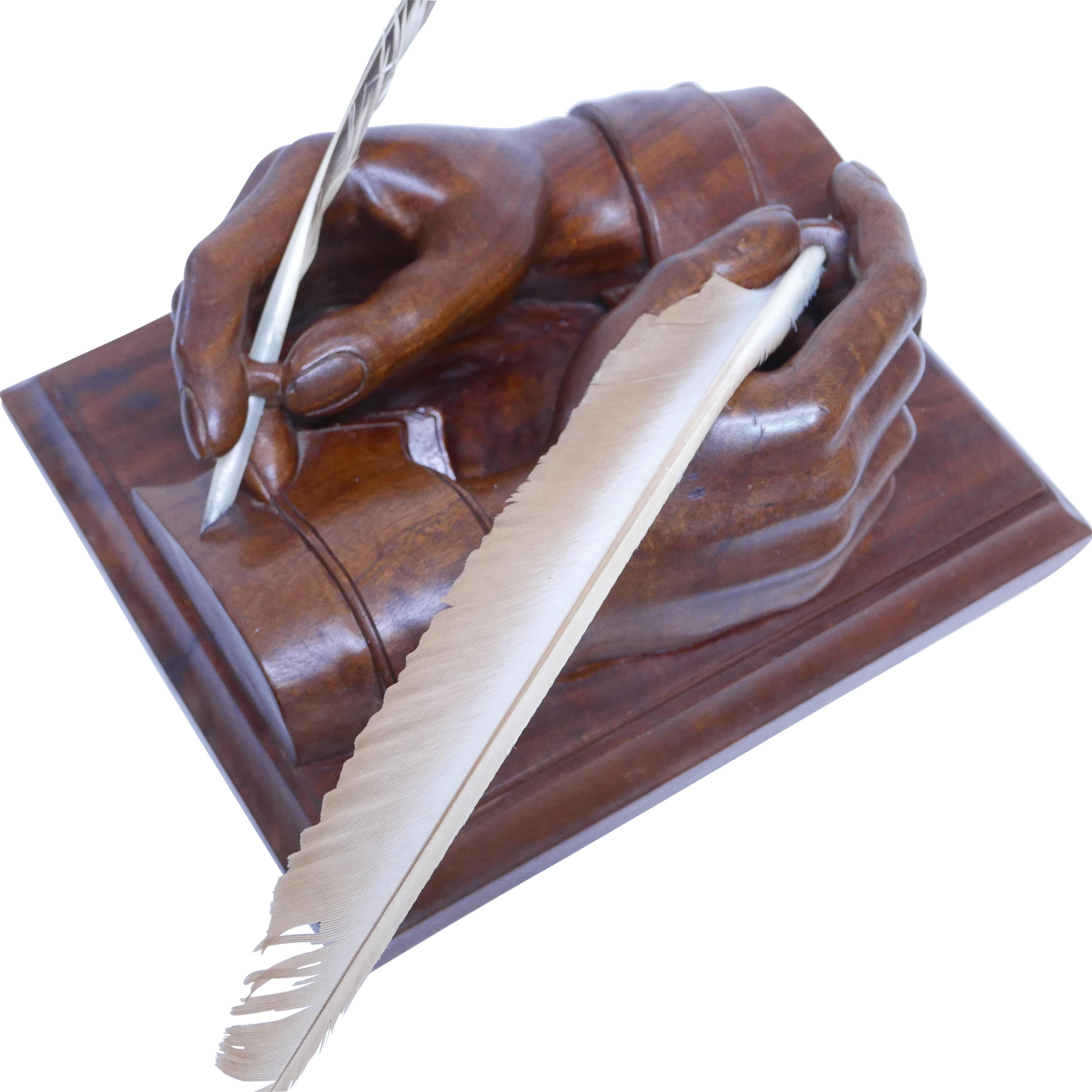 M. C. Escher Style Hand Carved Mahogany Hands Sculpture with Feather ...