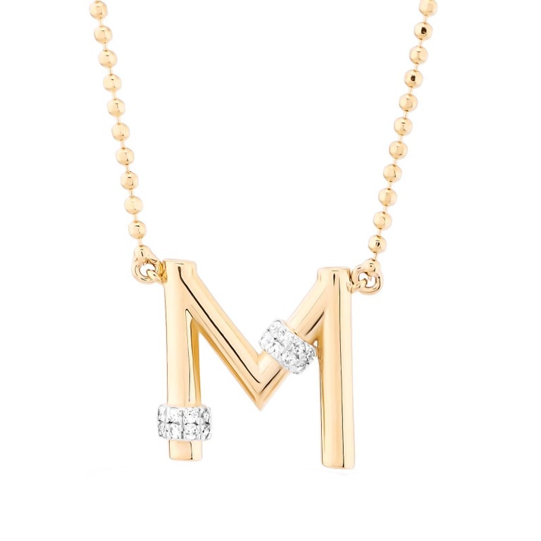 M Diamond Letter Pendant Necklace, 14K Yellow Gold, Beaded Ball Chain ...