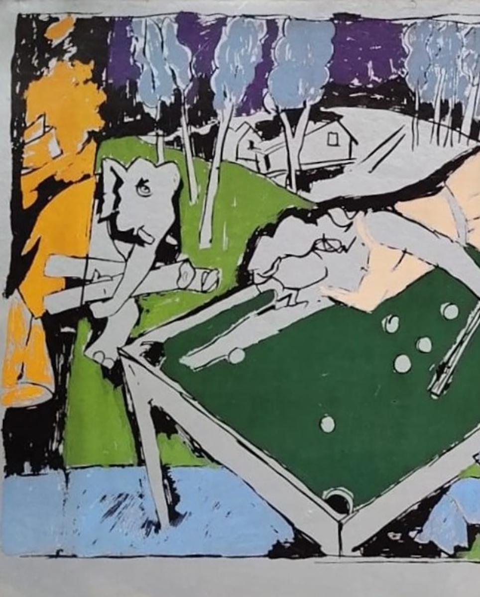 M.F. Husain - Woman on Billiard Board, Serigraph, Paper, Green, Violet ...