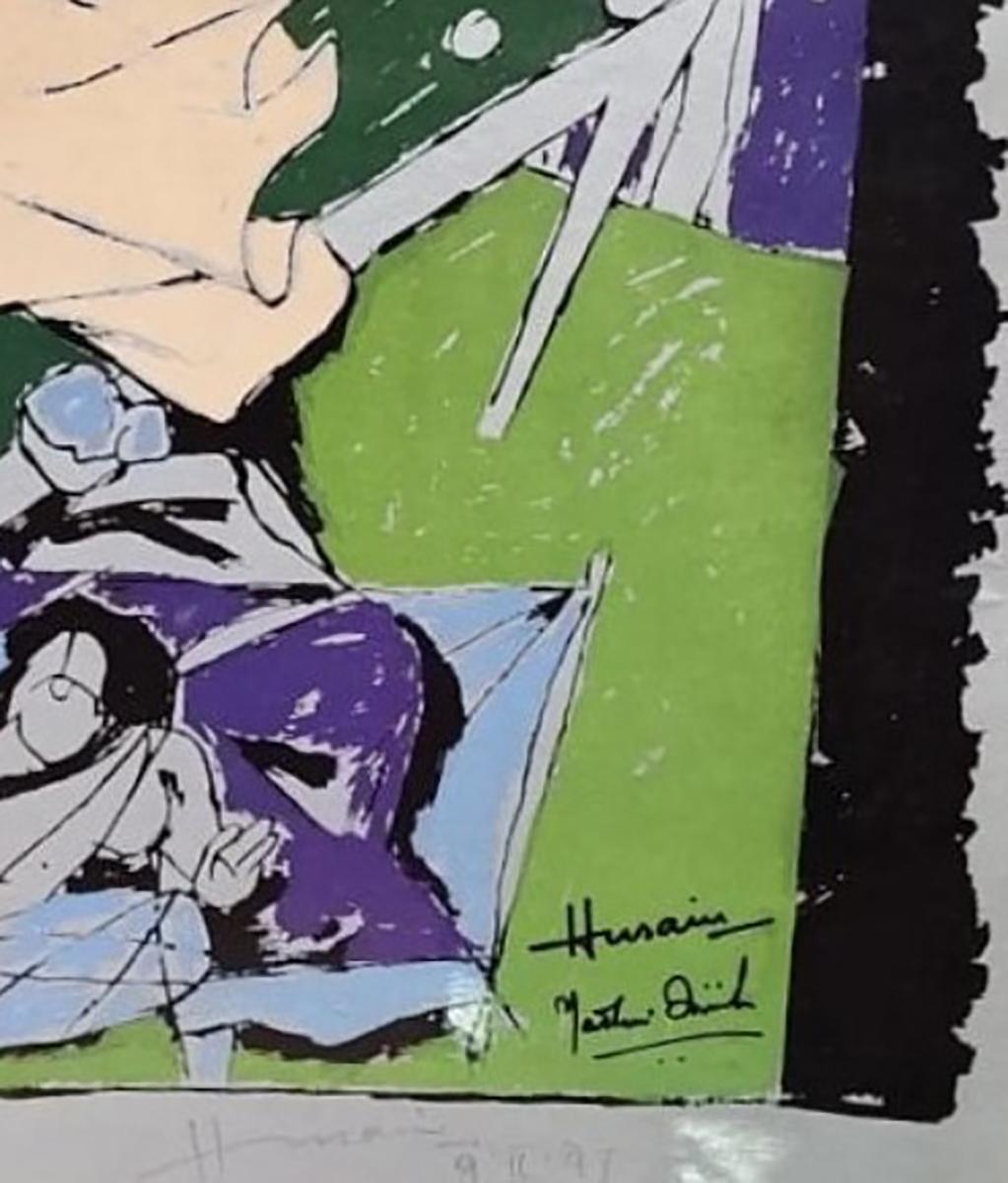 M.F. Husain - Woman on Billiard Board, Serigraph, Paper, Green, Violet ...